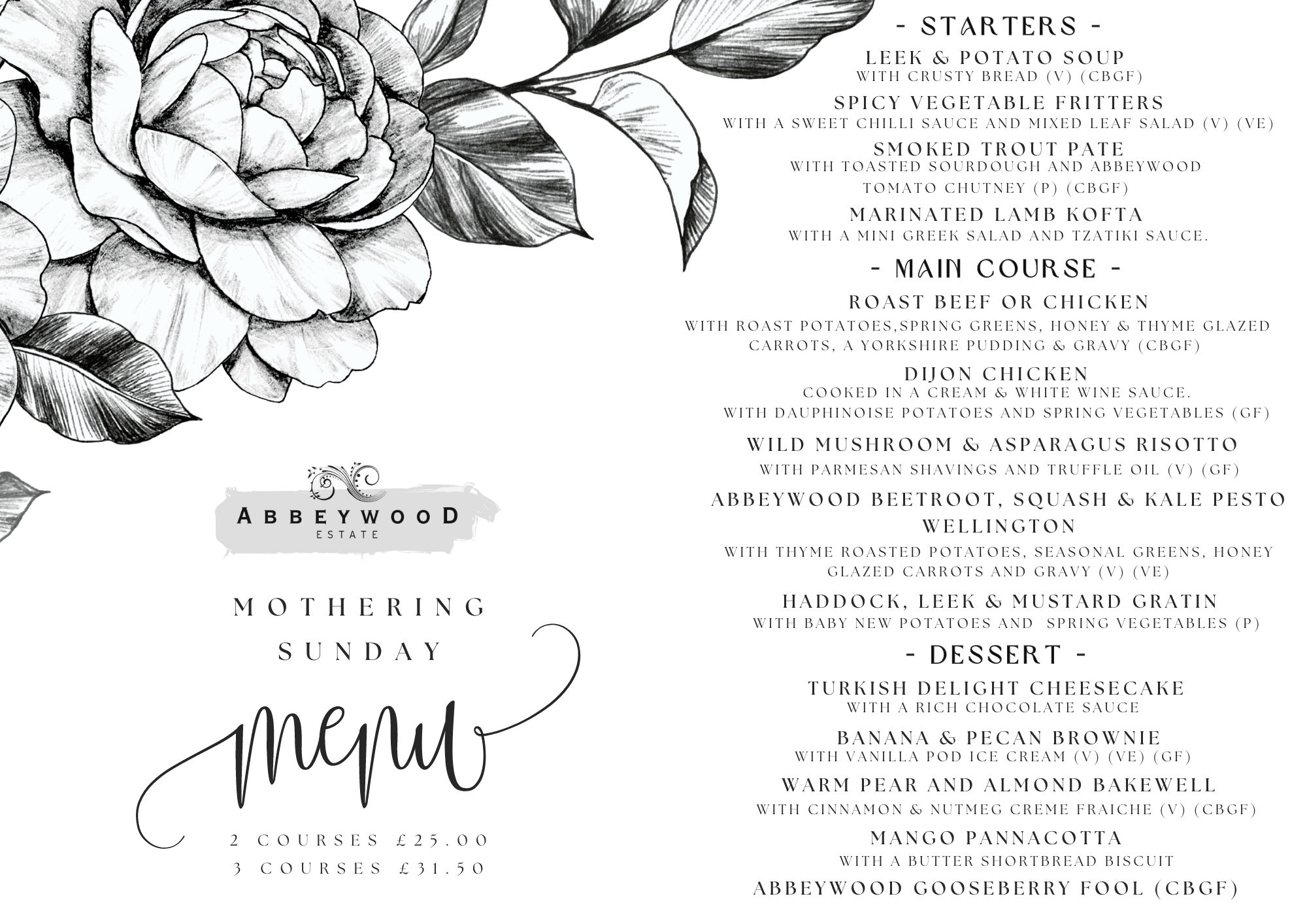 Mothering Sunday 2023 Menu - Abbeywood Estate & Gardens